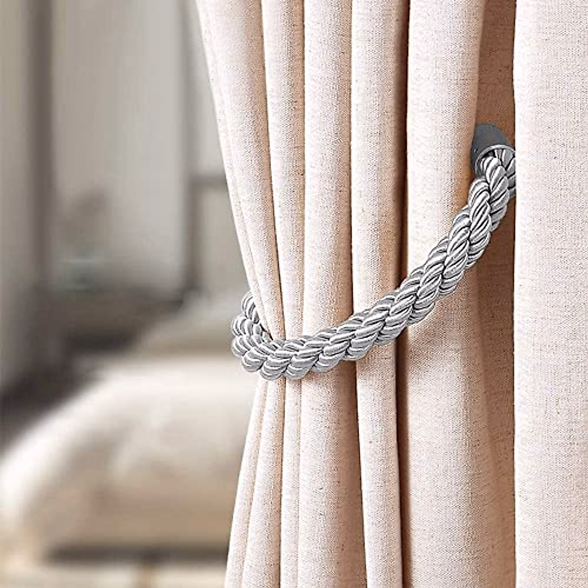 4 Pack Magnetic Curtain Tiebacks Convenient Drape Tie Backs Weave Holder for Window Draperies Hold Curtains Drape Ties Backs 16 inch Holdback (Sliver Gray)