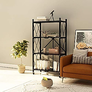 SogesHome Metal Foldable Shelf, 4-Tier Movable Storage Display Shelf Cart, Free-Standing Rack with Rolling Wheel for Kitchen, Living-Room, Bathroom, Bedroom, Black