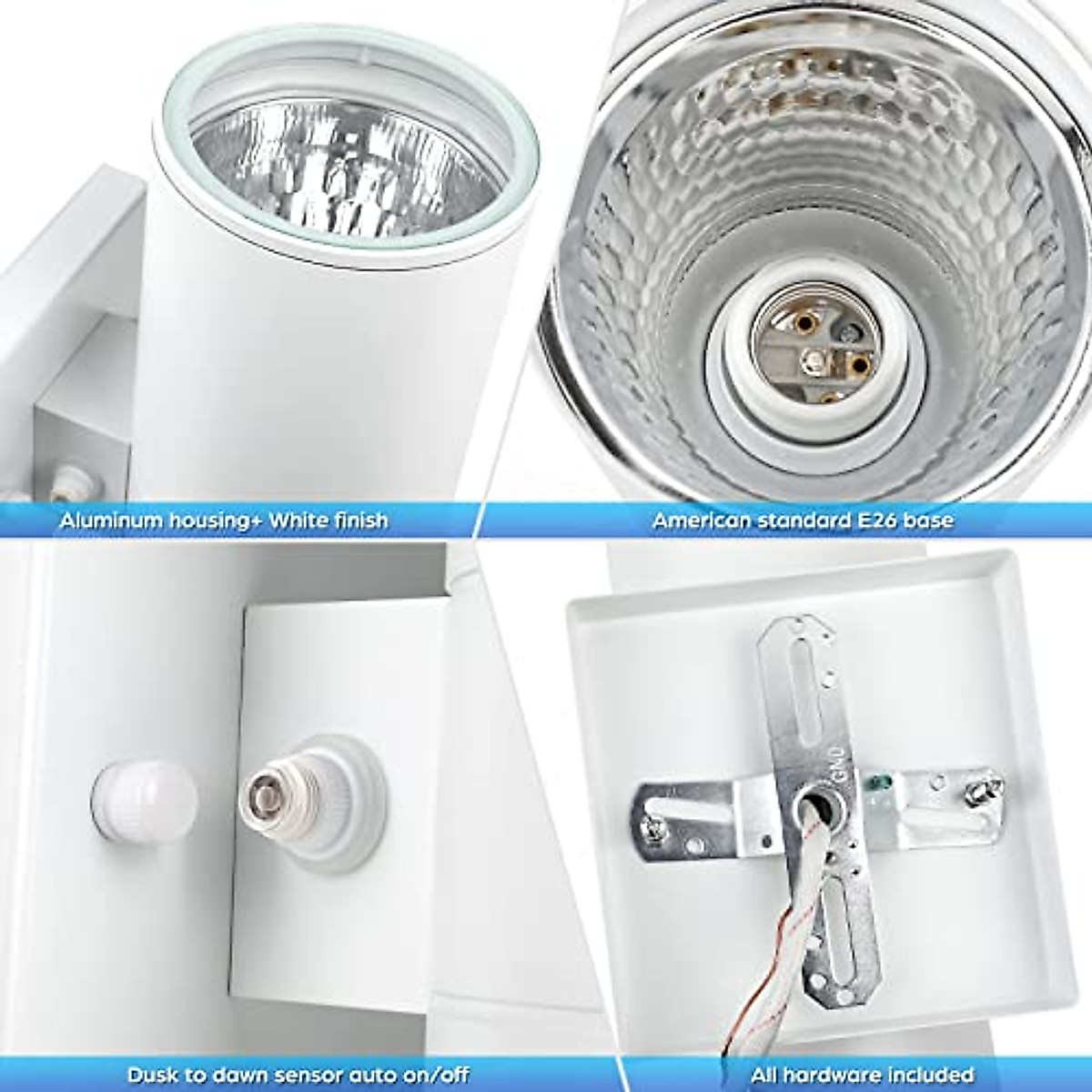 2-Pack White Outdoor Wall Sconces Dusk to Dawn, Up Down Modern Exterior Light Fixtures for House, Outside Wall Lights for Porch Garage Patio Front Door Hallway, Weather-Proof Aluminum Finish