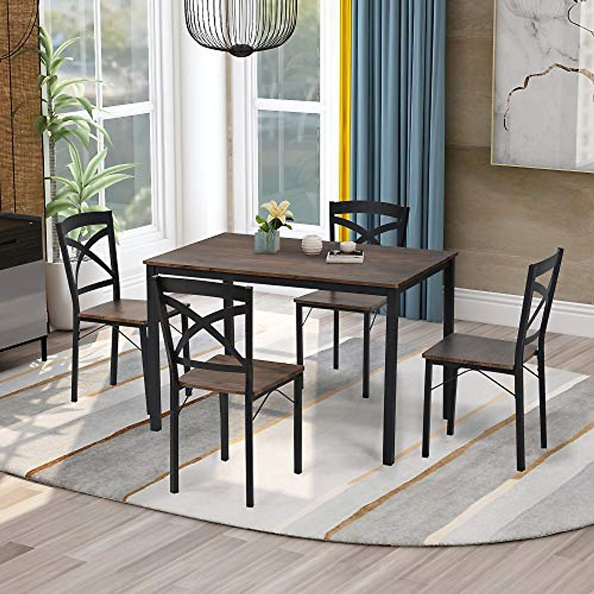 KoiHome 5-Piece Industrial Dining Metal Frame and Wooden Tabletop for 4 People, East-West Furniture Set with Rectangular Table and 4 Ergonomic Chairs for Kitchen,Resturant, Brown