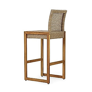 Elon Outdoor Barstools - Wicker and Acacia Wood - Light Multi-Brown/Teak (Set of 2)
