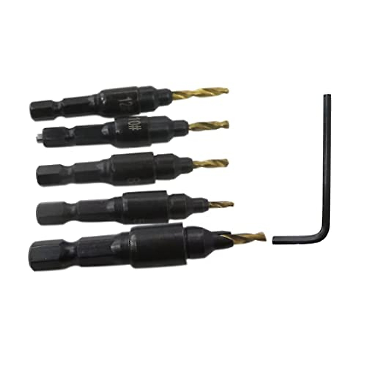 GRABOTE 5Pcs Countersink Drill Bit Set 1/4'' Hex Shank HSS Woodworking Pilot Screw Holes 5 Sizes (#5, 6, 8, 10, 12) with Hex Key