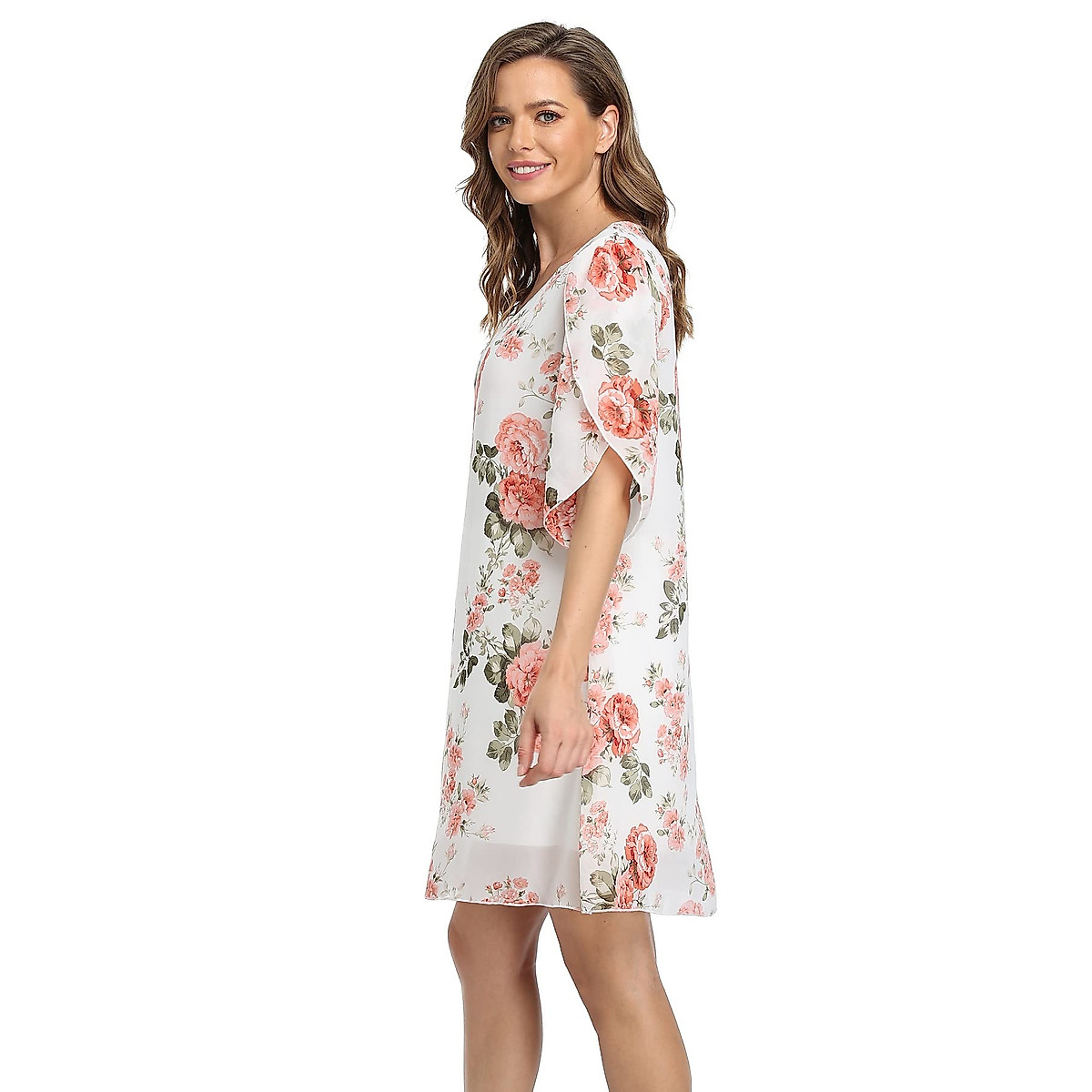1stvital Women's Loose Chiffon Dresses Short V Neck Dress Cocktail Party Elegant Evening Dress Open Sleeve White&Red Floral,M Pink Flowers