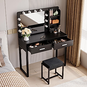 Semiocthome Vanity Desk with Mirror and 10 LED Lights, 39.4"W Makeup Desk with 2 Big Drawers and Side Shelves for Storage, Girl's Dressing Table with Metal Frame, Corner Makeup Table with Chair- Black