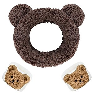 WHAVEL Spa Headband and Wristband Set, 3PCS Brown (Bear Ears Headband for Washing Face, Absorbent Wrist Bands for Washing Face)