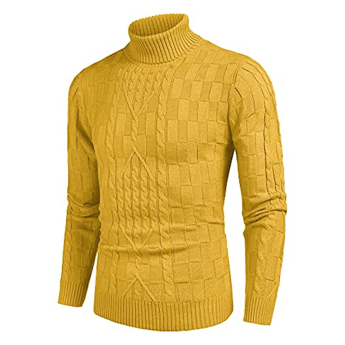 COOFANDY Men's Slim Fit Turtleneck Sweater Casual Cable Knit Pullover Sweaters Yellow