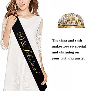 Happy 60th Birthday Tiara and Sash Gifts Crystal Rhinestone Princess Crown Birthday Queen Party Favor Supplies Silver Crowns Black Sash