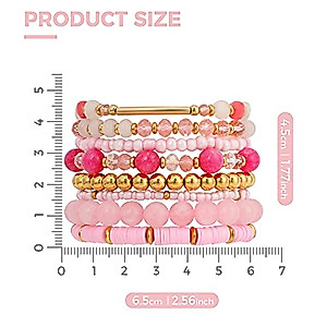 IDEAJOY 8 Pcs Pink Bracelet for Women, Bohemian Multi-Layer Beaded Stacking Summer Pink Bracelets Barbie Jewelry Gifts, Strand Stretch Sparkly Crystal Beads Wrap Slip-on Cuff Bangle Bracelet Set Gift