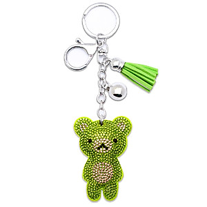 AuPra Green Teddy Bear Crystal KeyChain Gift Women Bling Rhinestones KeyRing Home Car Bag Clip Key Holder Lady Girl Tassel Present