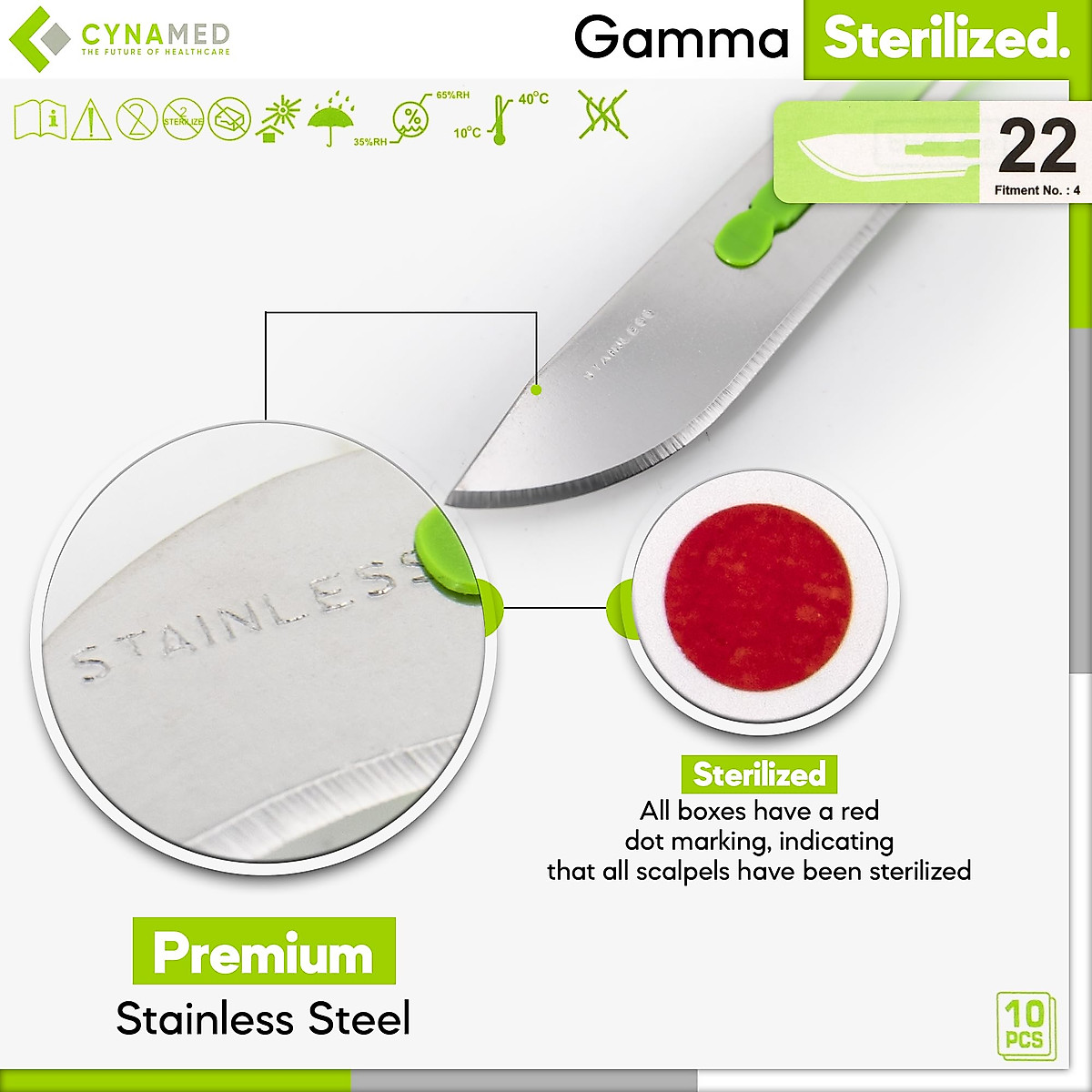 CYNAMED # 22 Disposable Scalpel with Plastic Handle - Sterile Single Blade Razor for Dermaplaning, Dissection, Podiatry, Professional Grooming, Acne Removal - Surgical Stainless Steel Tool - Box of 10