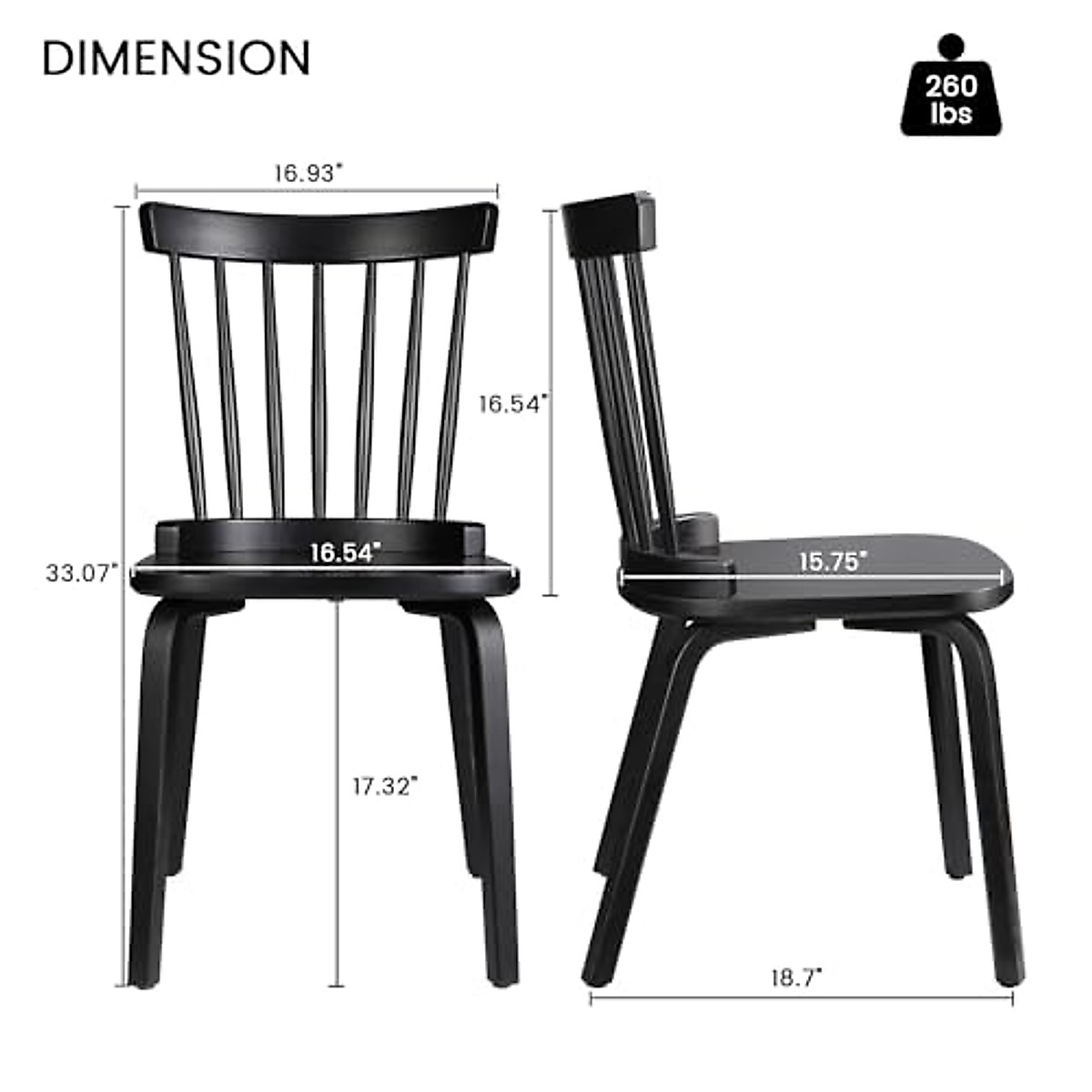 Unovivy Wood Dining Chairs Set of 2, Farmhouse Spindle Back, Widen Seat, Modern Mid-Century Country Style, for Living Room Restaurant, Black