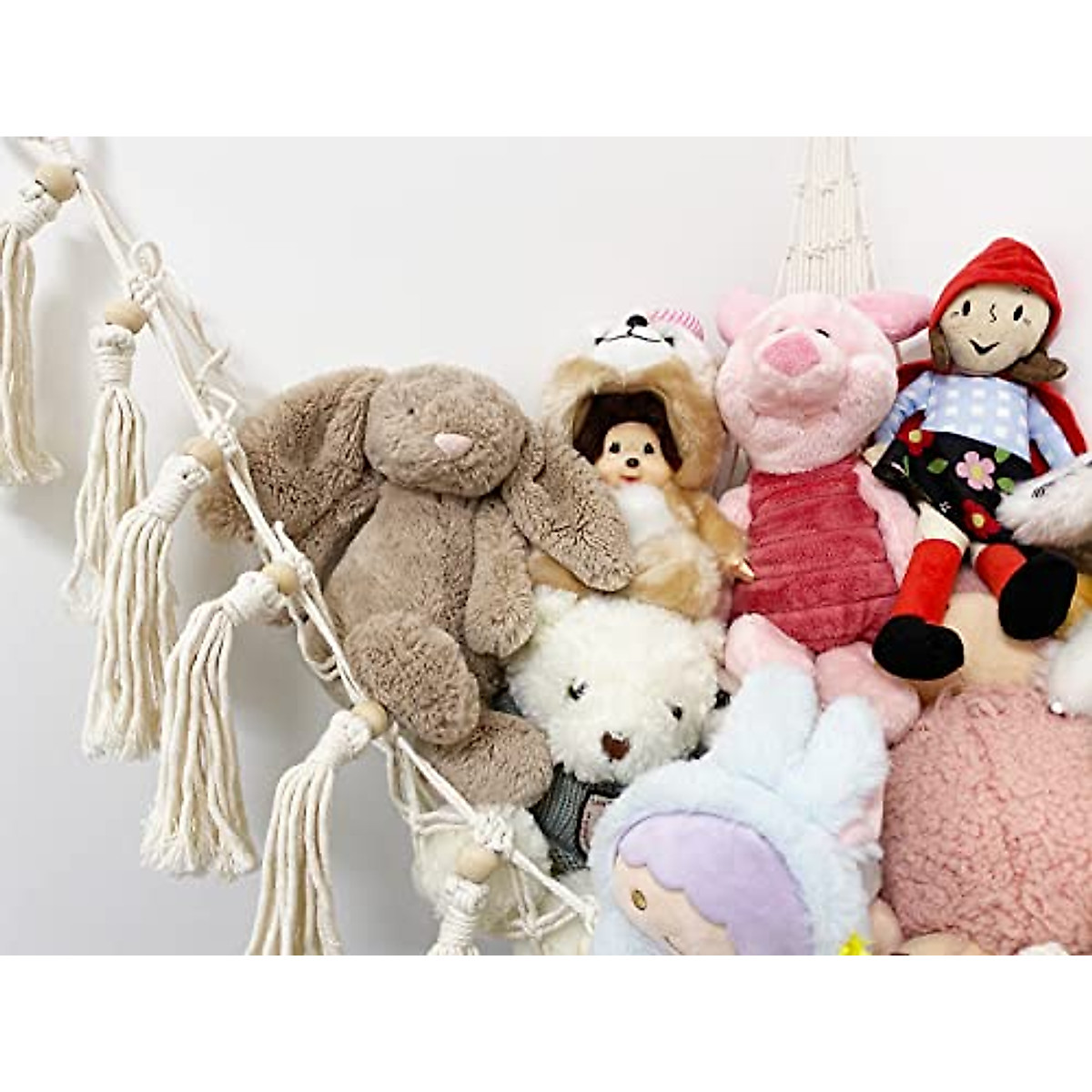 Stuffed Animal Hammock Macrame - Toy Hammock for Stuffed Animals - Stuff Animal Organizer Corner Storage Hanging Fringe - Stuffed Animal Display Holder Net Tassels for Nursery Décor, White (TH-003)
