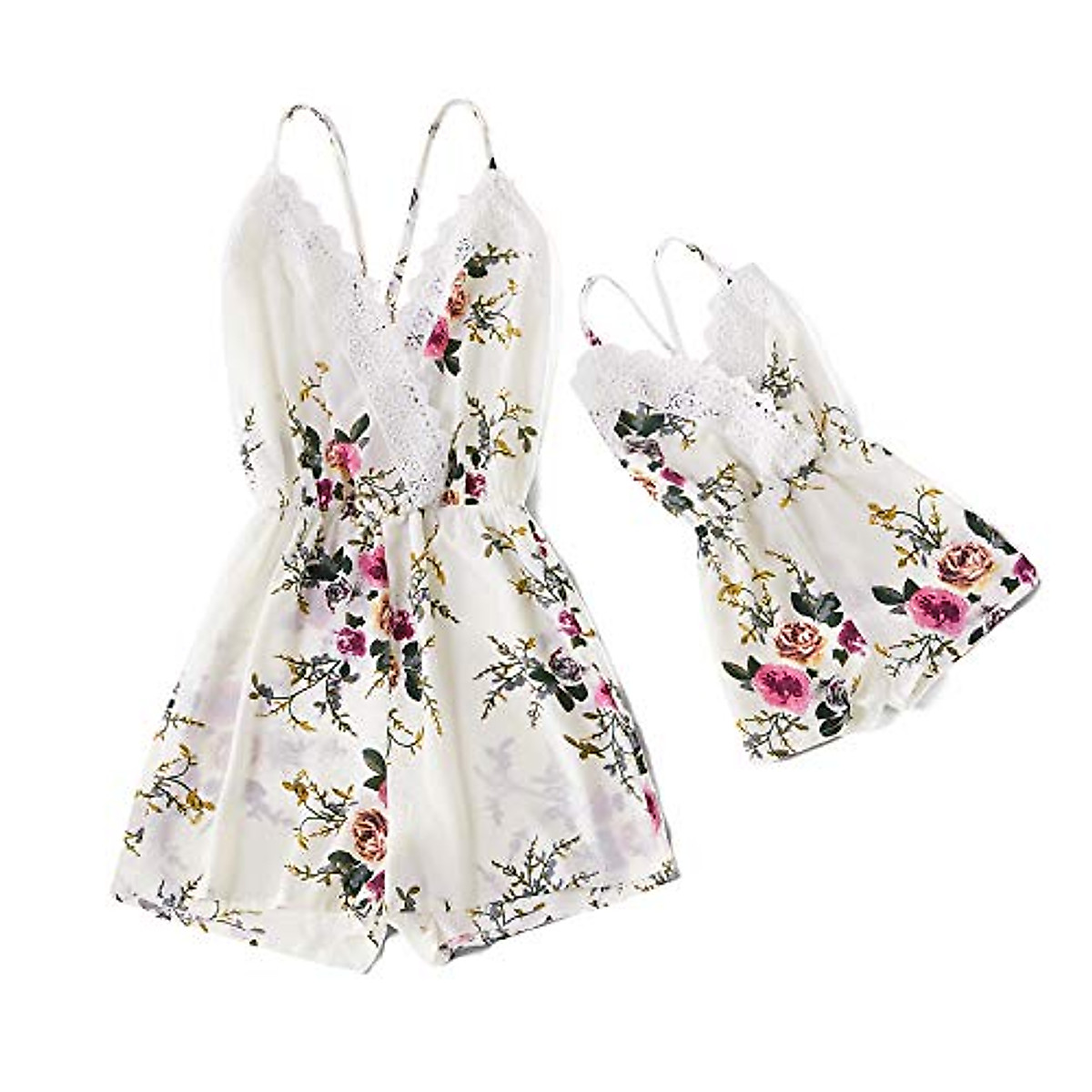 IFFEI Mommy and Me Matching Jumpsuit Outfits Floral Printed V Neck Romper Beachwear White 6-7 Years
