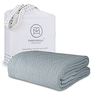 Threadmill Luxury Cotton Blankets for Twin Size Bed | All-Season 100% Cotton Twin Blanket for Bed | Herringbone Lightweight, Soft & Cozy Fall Thermal Blanket, 350GSM, 68x92 inches | Scottish Grey