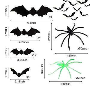 4 Pcs Halloween Glow in The Dark Spider Web Halloween Decorations with 100 Pieces Fake Spiders and 24 Pieces Bat Decor for Halloween Eve DIY Window Home Wall Indoor Outdoor