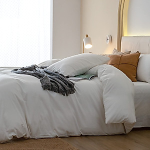 JIYUAN 100% Washed Cotton Duvet Cover Set Comfy Simple Style Soft Breathable Textured Durable Linen Feel Bedding for All Seasons King, Off White