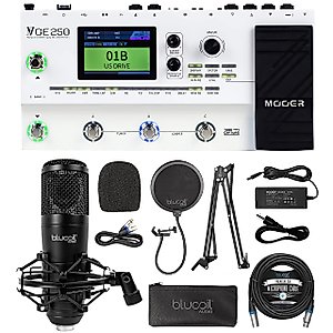 MOOER GE250 Guitar Amp Modelling and Multi Effects Pedal Bundle with Blucoil Cardioid Condenser Studio XLR Microphone, Boom Arm Plus Pop Filter, and 20-FT Balanced XLR Cable