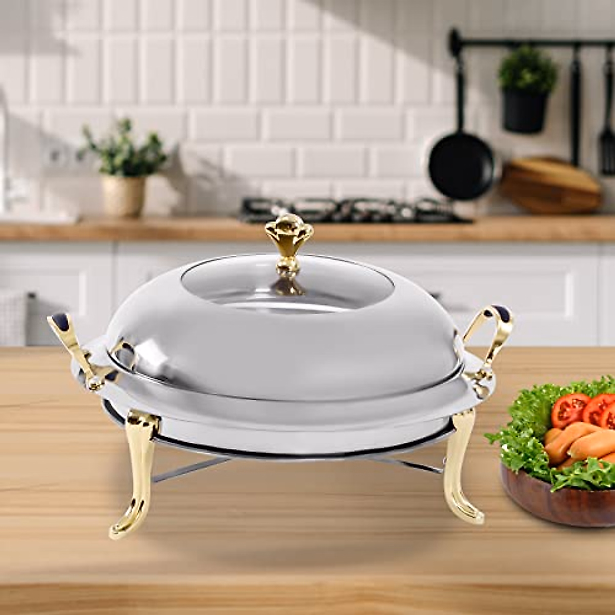 KOLHGNSE Chafing Dish Buffet Set, Round Stainless Steel Chafer, Buffet Servers and Warmers Set Warming Tray with Glass Window for Wedding, Parties, Banquet, Events