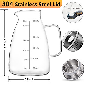 Transparent Glass Pitcher, 88oz/2.5L - Large Drinking Pitcher with Lid, Precise Scale Line, Mixing Spoon and Brush