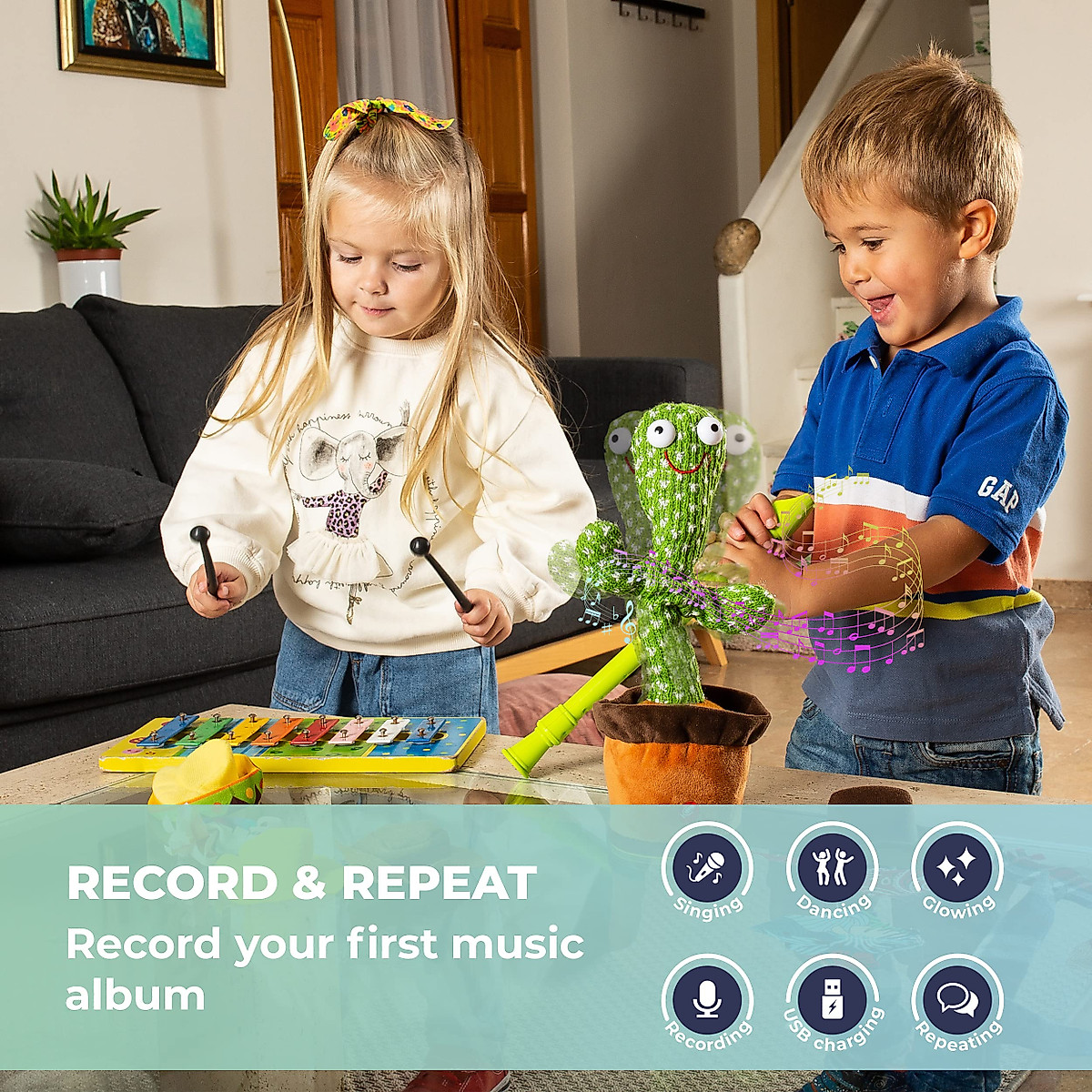 Chuchik Dancing Talking Cactus Toy for Babies - 60 Songs, 3 Changeable Outfits, Glowing LED Lights (1 Pack)