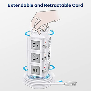 Power Strip Tower Surge Protector, Retractable Extension Cord with Multiple Outlets, 10 AC Outlets with 4 USB Ports Charging Tower, Multi Plug Outlet Extender Desktop Charging Station for Home Office