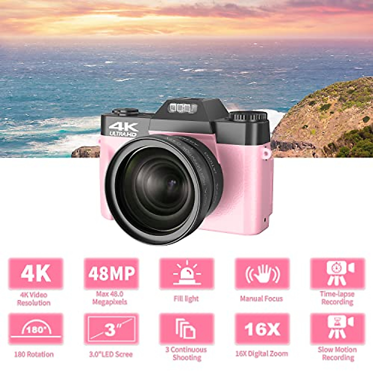 Digital Cameras for Photography, 4K 48MP Vlogging Camera 16X Digital Zoom Manual Focus Rechargeable Students Compact Camera with 52mm Wide-Angle Lens & Macro Lens, 32G Micro Card and 2 Batteries