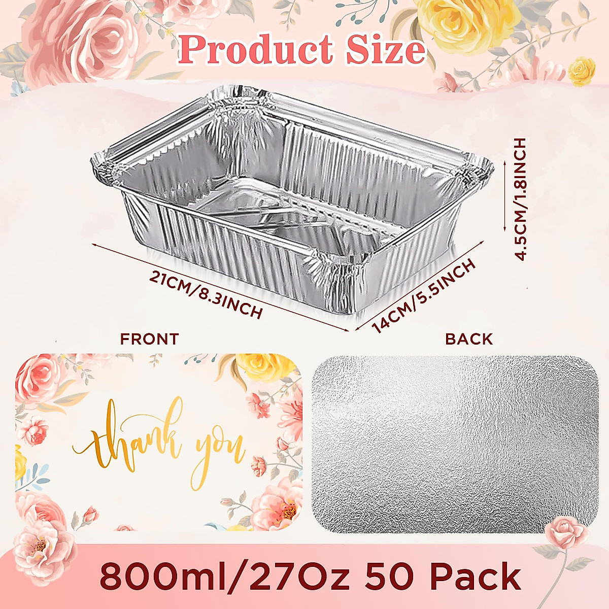 50 Pack Aluminum Pans with Lids Foil Pans with Covers Printed Thank You Floral Disposable Cookie Tins Trays Containers for Baking Cooking Heating Storing Food Prepping Leftovers, 8.3 x 5.5 x 1.8 Inch