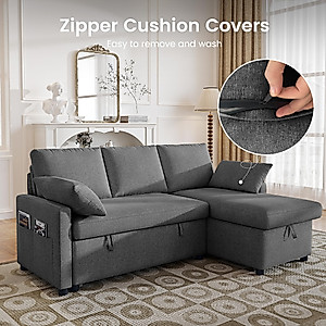 Winlice 4-in-1 Sofa Bed, L Shaped Sleeper Sofa with Pull Out Bed and Storage Chaise Sectional Couch for Living Room, Apartment and Hotel, Dark Gray