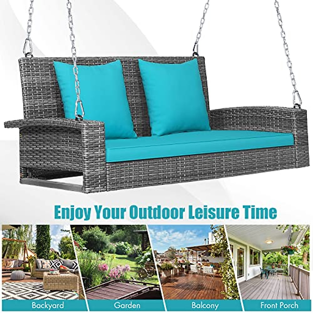 RELAX4LIFE 2-Person Porch Swing Bench - PE Rattan Outdoor Swing Chair with Comfortable Seat & Back Cushions, Rustproof Metal Chains, Patio Loveseat Swing for Balcony, Garden, Yard, 800 LBS (Turquoise)