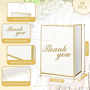 Tenceur 50 Pcs Thank You Gift Bags with Handles, Wedding Party Gift Bags Bulk Thank You Paper Bags for Business, Shopping, Wedding, Baby Shower, Party Favors, 8.27 x 4.33 x 10.63 Inches (White)