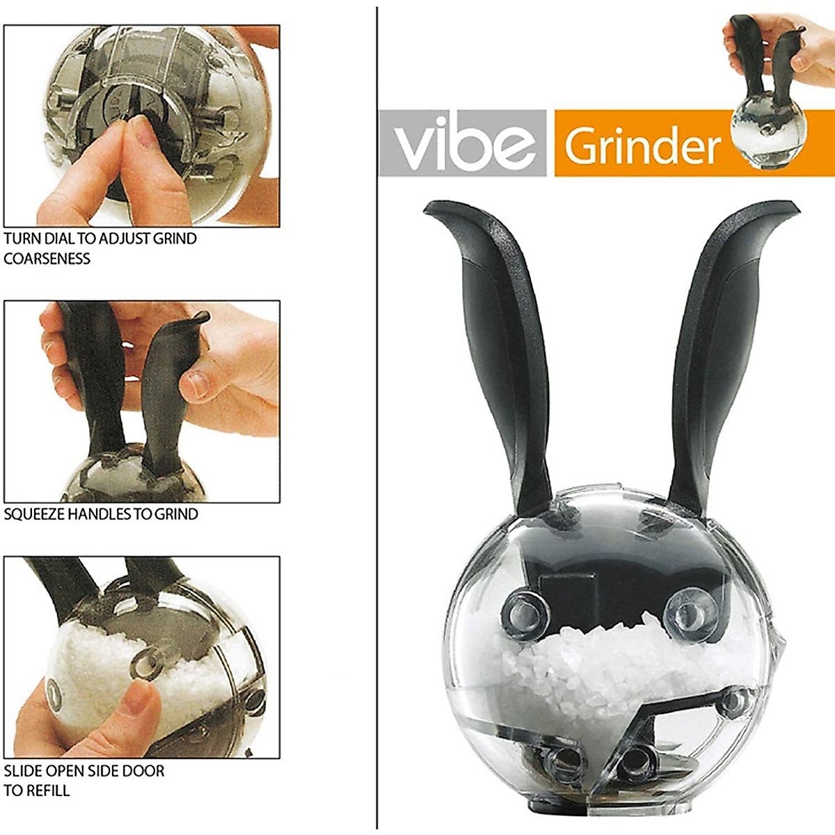 RROAD Manual Salt and Pepper Mill Set ，Mini Manual Black Pepper Grinder Multifunction Cruet Spice Grinder Ball Shape Black Rabbit Ears Design Kitchen Tools(2Pcs)