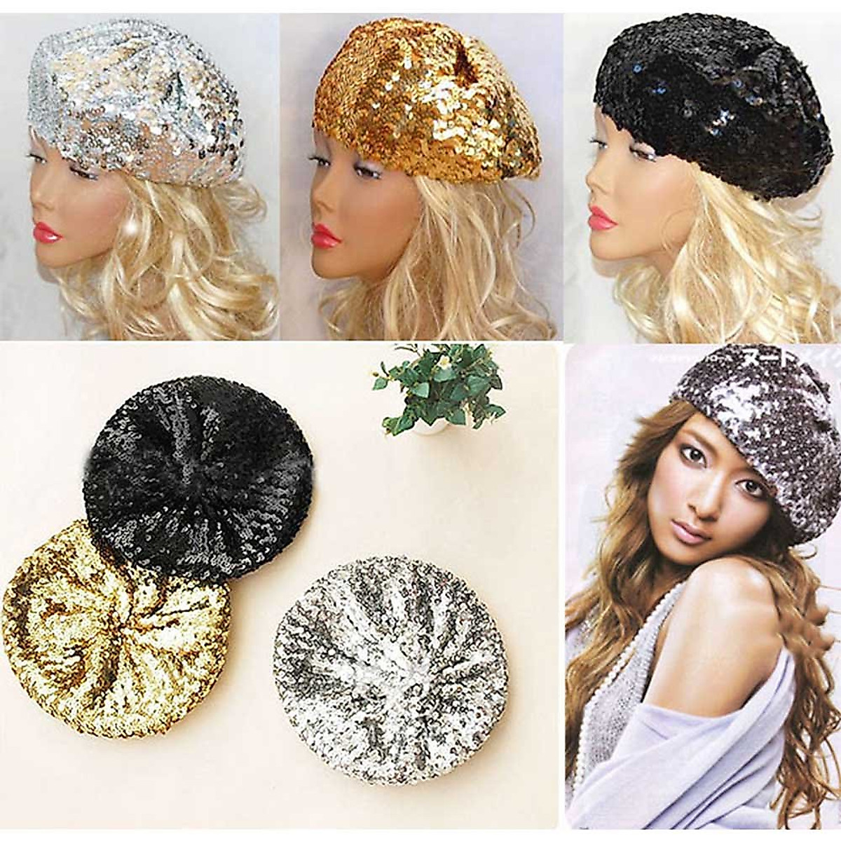 CHUANGLI Sparkly Sequins Beret Hat Glitter Mermaid Cap for Dancing Party Fancy Dress Black