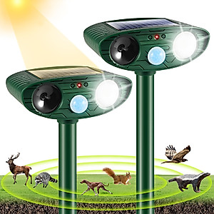 2 PCS Solar Animal Repellent Ultrasonic Deer Repellent Outdoor Waterproof Sonic Cat Deterrent with Flashing Light Motion Activated Animal Repeller for Squirrel Rabbit Raccoon Rodent Skunk Yard,Green