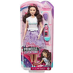 Barbie Princess Adventure Renee Doll (12-inch Brunette) in Fashion and Accessories, with Smart Phone, Purse, Travel Mug and Tiara, Gift for 3 to 7 Year Olds