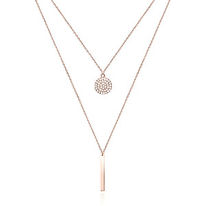 LUXSTRA 18K Gold Filled Necklace for Women | Cubic Zirconia Pave Disc Pendant Necklace with Bar Charm | Rose Gold Necklace for Women | Stackable Necklace Choker