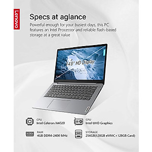 Lenovo IdeaPad 1 14 Laptop, 14.0" HD(1366 x 768) Screen, Intel Celeron N4020, 4GB RAM, 256GB Storage(128GB eMMC+128GB Card), Intel UHD Graphics 600, Win 11, Cloud Grey, W/GaLiMu