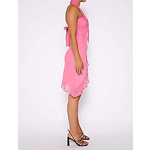 Argeousgor Women Y2k Short Halter Dress V Neck Irregular Ruffle Dress Sleeveless Fringed Mini Dress Sexy Open Back Dresses B-Pink