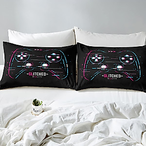 Gamepad Bedding Set for Boys Twin Modern Gamer Comforter Cover Video Game Duvet Cover Kids Colorful Action Buttons Printed Quilt Cover Soft Microfiber Bedspread for Boys Girls Bedroom,Black