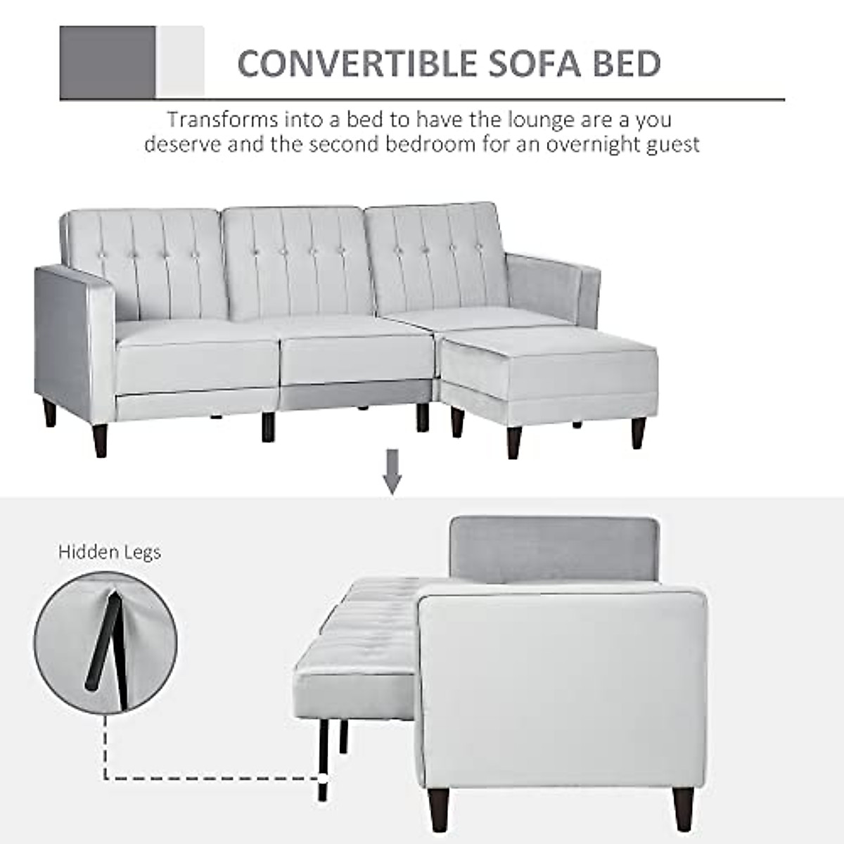 HOMCOM Upholstered L-Shaped Sofa Bed, Reversible Sectional Recliner Sofa Set, Velvet-Feel Sleeper Futon with Footstool, Grey