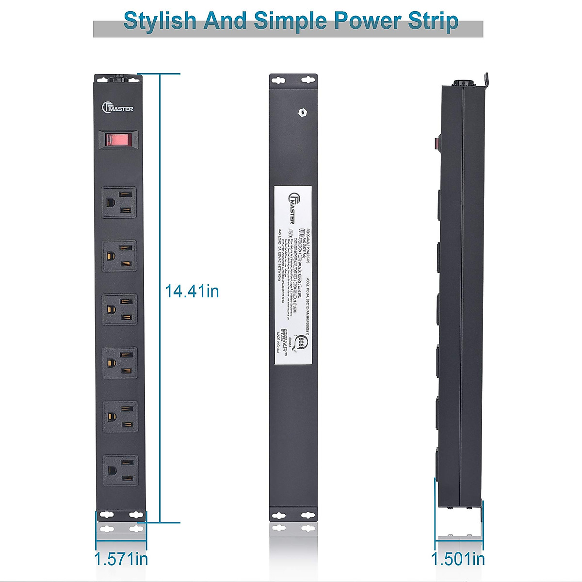 Aluminum Alloy Metal Shell Power Strip, Overload Protection, 6FT 14AWG Extension Cord, 6 Outlets with Large spacing Jacks, Suitable for Factory, Black, Specification: 15A/125VAC/1875W/60Hz