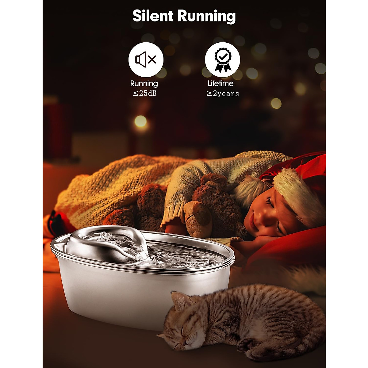 WOPET F10 Cat Water Fountain Stainless Steel,67oz/2L Pet Water Fountain,Automatic Cat Water Dispenser,Cat Bowl,Dog Water Fountain,Dishwasher Safe for Cats&Dogs