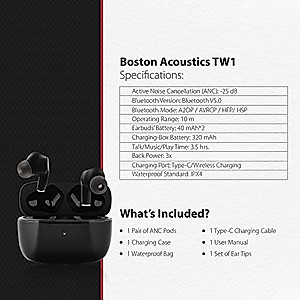 Boston Acoustics - TW1 True Wireless Earbuds, Active Noise-Cancellation, IPX4 Water Resistance, Bluetooth Connection, Apple and Android Compatible, Portable Wireless Charging case - Black