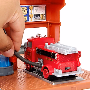 Mattel Disney and Pixar Cars On The Road Toys, Red’s Fire Station Playset with Die-cast Fire Truck & Kid-Activated Action