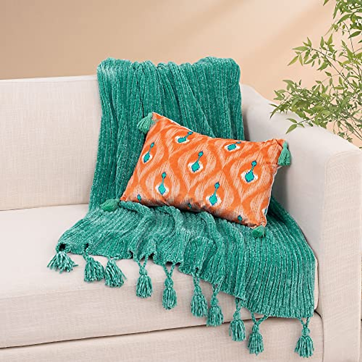 RECYCO Chenille Knit Throw Blanket for Couch, Super Soft Cozy Throw Blankets with Tassels, Thick Striped Knitted Blankets for Sofa Chair Bed Living Room, Turquoise, 50" x 60", Laundry Bag Included