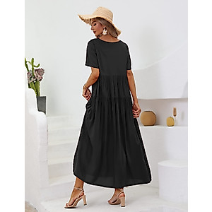 YESNO Women Casual Loose Bohemian Floral Dress with Pockets Short Sleeve Long Maxi Summer Beach Swing Dress XL EJF Black