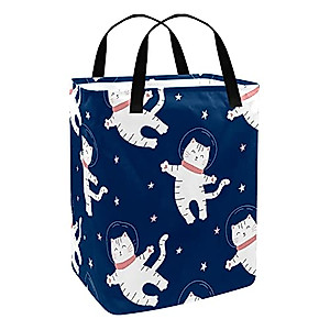 Fly in Space Cat Stars Print Collapsible Laundry Hamper, 60L Waterproof Laundry Baskets Washing Bin Clothes Toys Storage for Dorm Bathroom Bedroom