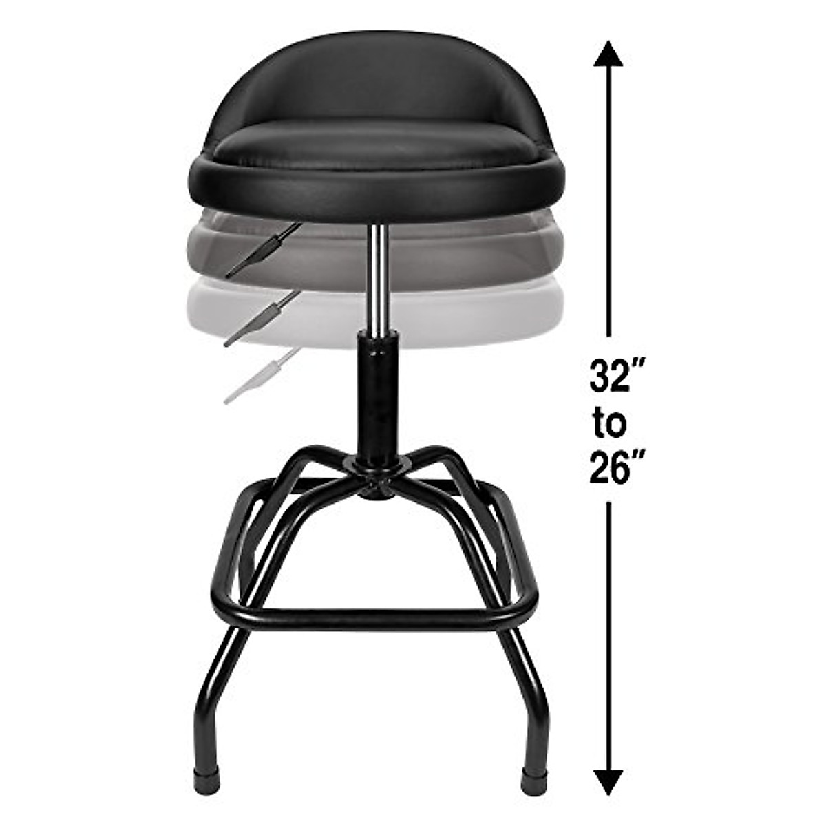 Performance Tool W85011 Adjustable Height Bar Stool, Pneumatic Swivel Bar Stool with Back Support, 360 Degree Swivel, Heavy Duty Steel Frame Stool Perfect for Home, Bar and Shop, Black