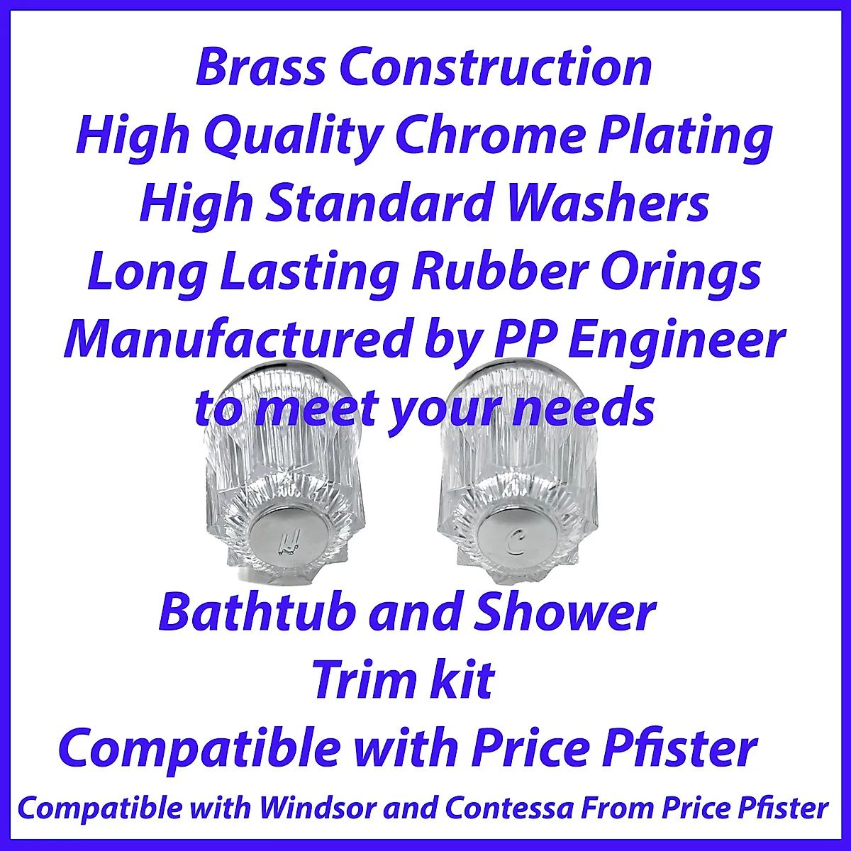 Bathtub and Shower Trim Kit for Price Pfister Compatible – Remodel/Rebuild Set with Clear Acrylic Handles, Stems, Seats & Flanges – Fits Verve & Windsor Faucets – Hot & Cold Replacement Parts