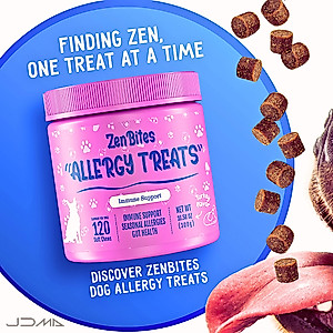 ZenBites Organic Allergy Vitamin Chews Anti Itch Supplement Dog Allergy Relief for Skin & Seasonal Allergies Omega 3 Probiotics for Dogs Salmon Oil Blend with Vitamin C Turkey - 120 Count