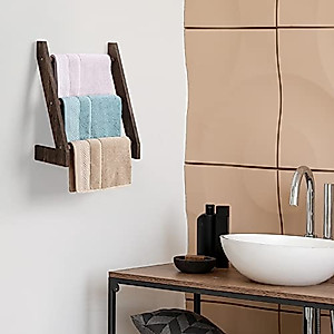 Towel Rack Wall Mounted 3 Tier Wood Hand Towel Holder Shelf Rustic Farmhouse Decorative Towel Ladder for Bathroom Home Kitchen Bedroom (Brown)